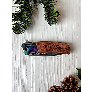 Personalized POCKET KNIFE Engraved Wood Folding Knive Stainless Steel l Standard Edge 5" Blade Wood Handle With Ultra-Secure & Comfortable Belt Clip Custom Gifts for Him Men Dad Boyfriend Father Husband Anniversary Groomsmen (Knife Engraved)