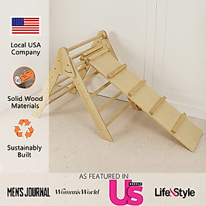 Avenlur Olive 3 in 1 Foldable Triangle Ladder and Slide - Montessori Climbing Set - Indoor Wood Climbing Gym for Children Ages 1 to 6 Years - Baby Climbing Triangle (Natural, Medium)