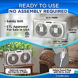 Comfort Zone CZ319WT 9" Twin Window Fan with Reversible Airflow Control, Auto-Locking Expanders and 2-Speed Fan Switch, White