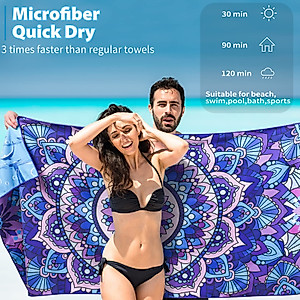 Microfiber Sand Free Beach Towel Thin Quick Dry Super Absorbent Large Lightweight Towels for Travel Sports Pool Swimming Bath Yoga Girls Women Adults Boho Palm Tree Blue Mandala