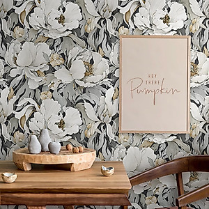 MuralPeel White Poppies Floral Modern Grey Peonies Flowers Peel and Stick Wallpaper Self Adhesive Removable Easy Peel Off Stick on Wall Paper for Bedroom Renter