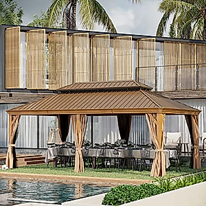 GAZEBEST 12'x20' Hardtop Gazebo Outdoor Aluminum Patio Gazebo Double Roof Galvanized Steel Gazebo Canopy Wooden Finish Coated with Netting and Curtains,for Garden Patio,Patio Backyard,Deck and Lawns