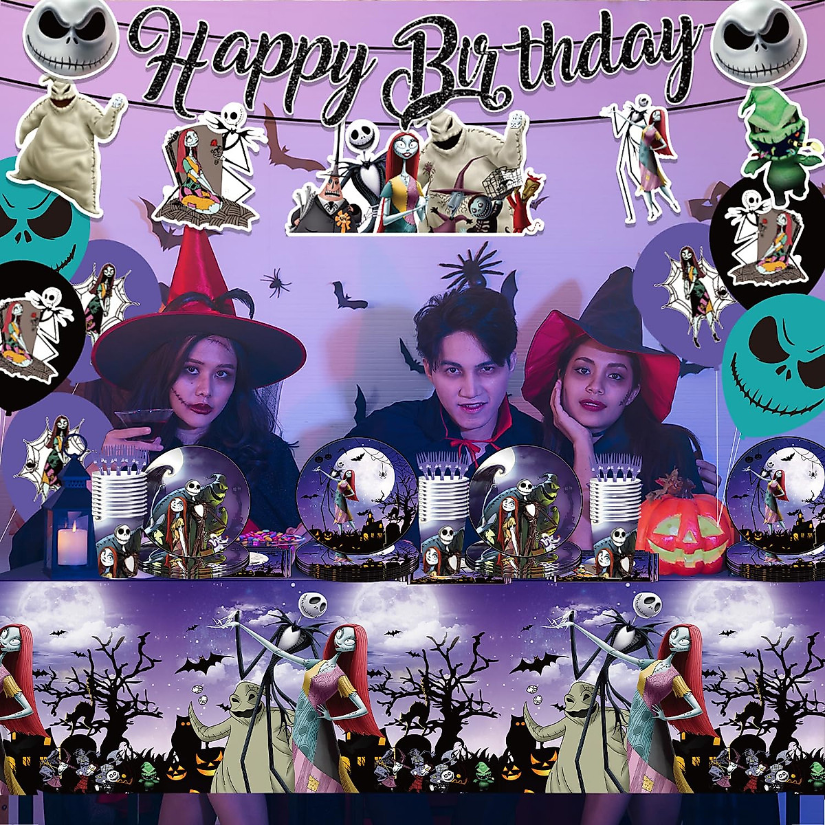 114pcs Nightmare Christmas Birthday Decorations Halloween Tableware Set Includes Happy Birthday Banner, 9 Inches Plates, 7 Inches Plates, Napkins, Cups, Fork, Balloons and Tablecloth for Serve 20