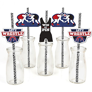 Big Dot of Happiness Own the Mat - Wrestling - Paper Straw Decor - Birthday Party or Wrestler Party Striped Decorative Straws - Set of 24