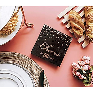 Rose Gold Foil Cocktail Napkins with Cheer 60 Years | Folded 5 x 5 Inches Disposable Party Napkins | 3-Ply Paper Beverage Napkins for 60th Birthday Decorations, Wedding Anniversary, Retirement, Black