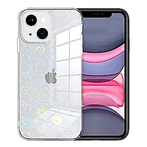 Jusy Compatible with iPhone 13 / iPhone 14 Case, Holographic Love Heart Iridescent Clear Kawaii Phone Case, for Women Aesthetic Laser Bling Rainbow Cute iPhone Cover, Holo Reflective Case