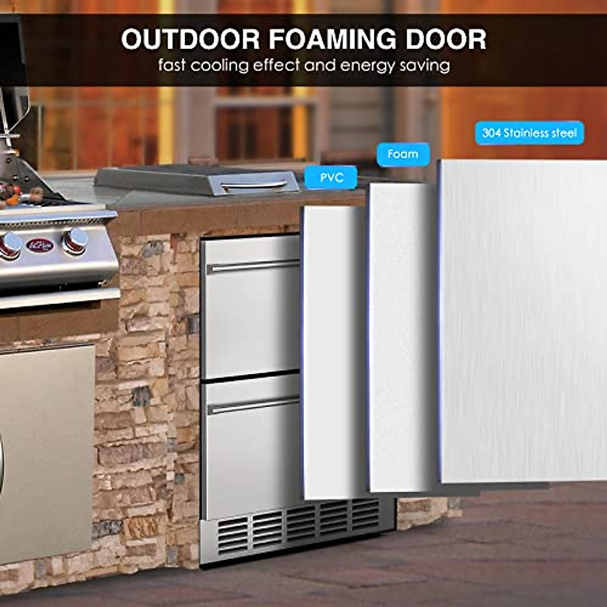 24 Inch Under Counter Double Drawer Fridge, Indoor and Outdoor Beverage Refrigerator, Weather Proof Stainless Steel Beverage Fridge for Home & Commercial Use, Built-in and Freestanding (Foam Door)