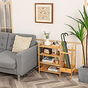 Giantex 4-Tier Bamboo Shoe Rack, Multifunctional Storage Stand, Entryway Organizer w/ Umbrella Holder & Storage Shelves, Ample Storage Space, Freestanding Shoe Shelf for Living Room, Hallway