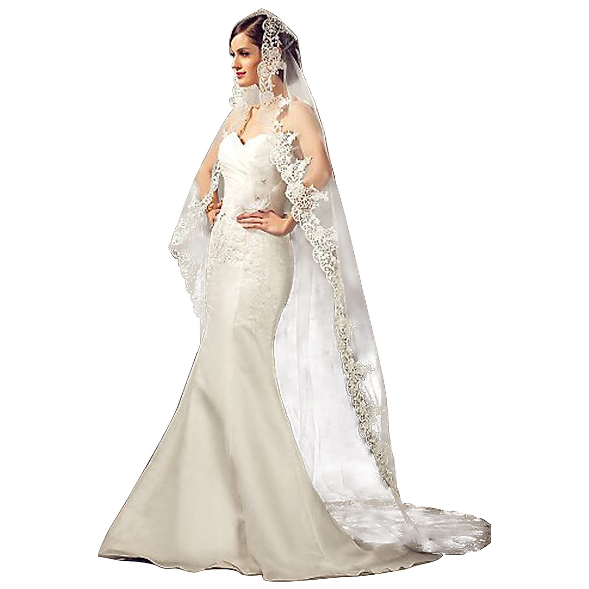 Babyonline 1 Tier Lace Edge Tulle Catherdal Long Wedding Bridal,Ivory