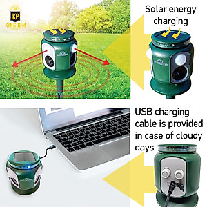 Newest Expanded Detection Range Solar Animal Repeller - Animal Repellent Outdoor Motion Activated by 2 Newest Sensors, Wider Range of 220 Degree, Stronger LED Lights and 2 Alarms, USB Cable