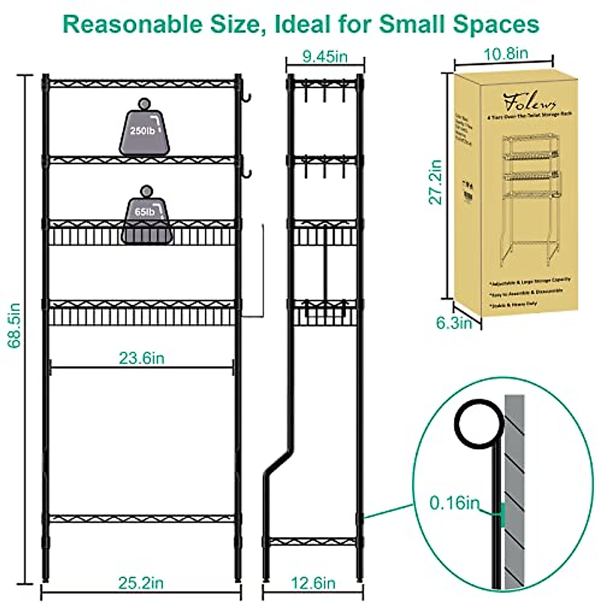 Folews Bathroom Organizer Over The Toilet Storage, 4-Tier Bathroom Shelves Over Toilet Shelf Above Toilet Storage Rack Freestanding Bathroom Space Saver with Adjustable Shelves and Baskets