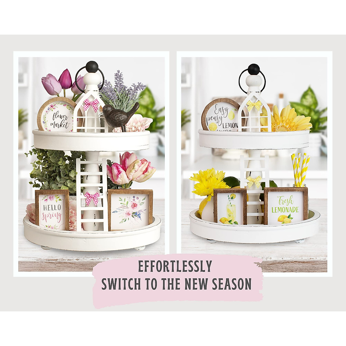 The Ultimate Farmhouse Tiered Tray Decor Set - Beautiful Year Round Seasonal & Holiday Decoration Bundle - The Perfect Easter, Spring and St Patricks Day Centerpiece Designs for Home & Kitchen Decor