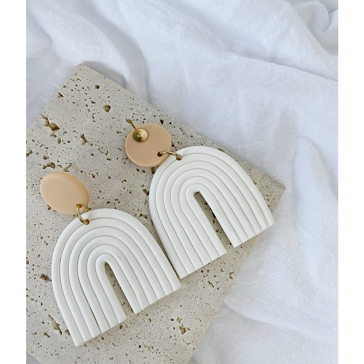 Polymer Clay Multi-colors Pure Colors Rainbow Earrings for Women,Lightweight Clay Cute U-shaped Big Geometric Fan Earrings Sterling Silver Stud,Statement Fun Fashion Jewelry(cute white)