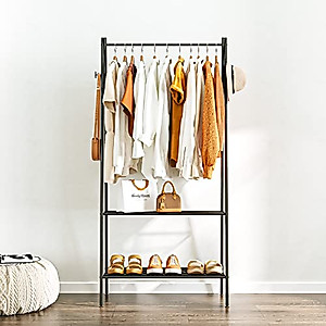 FANHAO Clothing Rack for Hanging Clothes, Sturdy Stainless Steel Clothes Rack with 2-Tier Shelf and 4 Hooks, Freestanding Garment Rack, Easy to Assemble Hanger Rack, Matte Black
