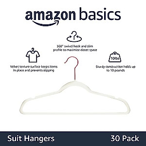 Amazon Basics Slim, Velvet, Non-Slip Suit Clothes Hangers, Ivory/Rose Gold - Pack of 30