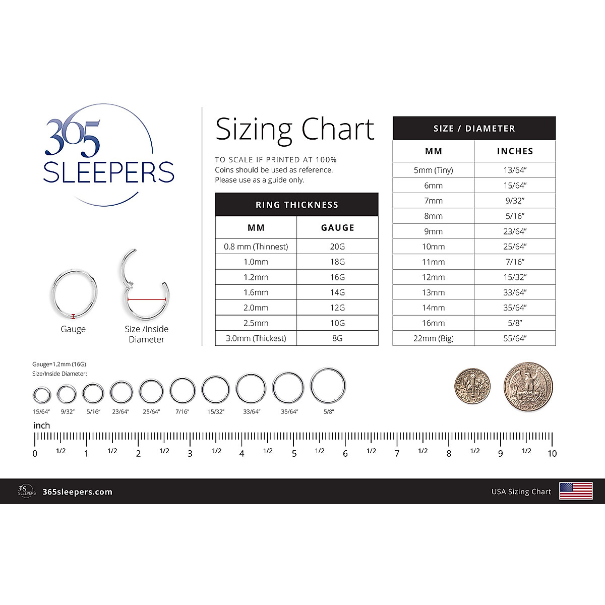 365 SLEEPERS 2PCS 16G Surgical Stainless Steel 6mm - 10mm Hinged Hoop Segment Nose Helix Tragus Septum Ring Unisex Sleeper Earrings