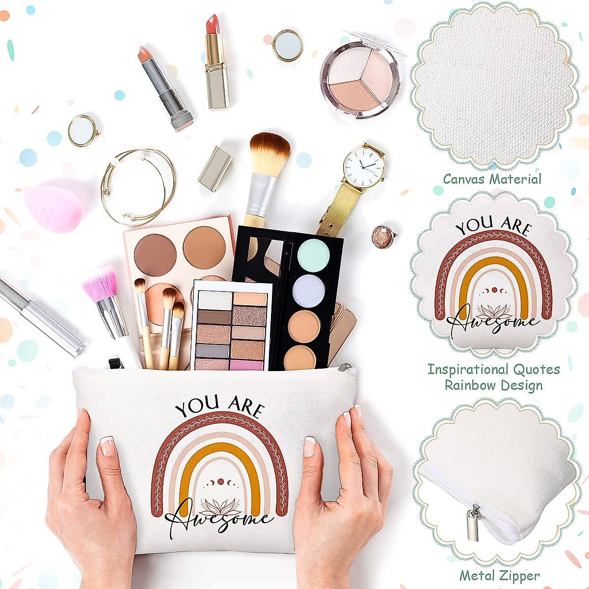 20 Pcs Rainbow Makeup Bags Bulk Inspirational Cosmetic Bags Motivational Quotes Canvas Bags with Zipper Encouragement Pouch Gift for Women Birthday Christmas Employee Appreciation Gift(Rainbow)