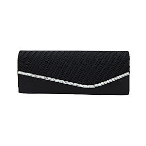 TrendsBlue Elegant Pleated Satin & Crystal Flap Clutch Evening Bag, Black