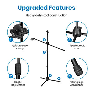Moukey Microphone Stand, Tripod Boom Mic Stand with 2 Non-Slip Mic Clip Holders & 2 Foam Covers, Collapsible Adjustable Mic Stand for Singing, Karaoke, Stage and Outdoor Activities, Black, MMs-3