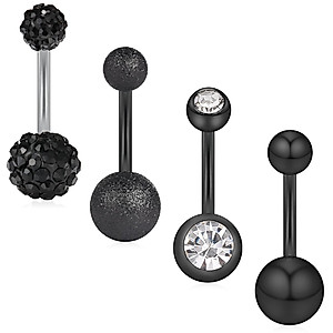 Ruifan 4PCS 14G Cubic Zirconia Ball Belly Button Rings Navel Barbell Body Jewelry Piercing - Black