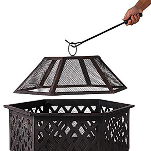 OKIDA Hex-Shaped Fire Pit Iron Brazier Wood Burning Coal Pit Bonfire Firebowl Stove Outdoor Metal Fireplace with Mesh Screen Cover Poker for Patio Backyard Garden Beach Camping Picnic 24in Bronze