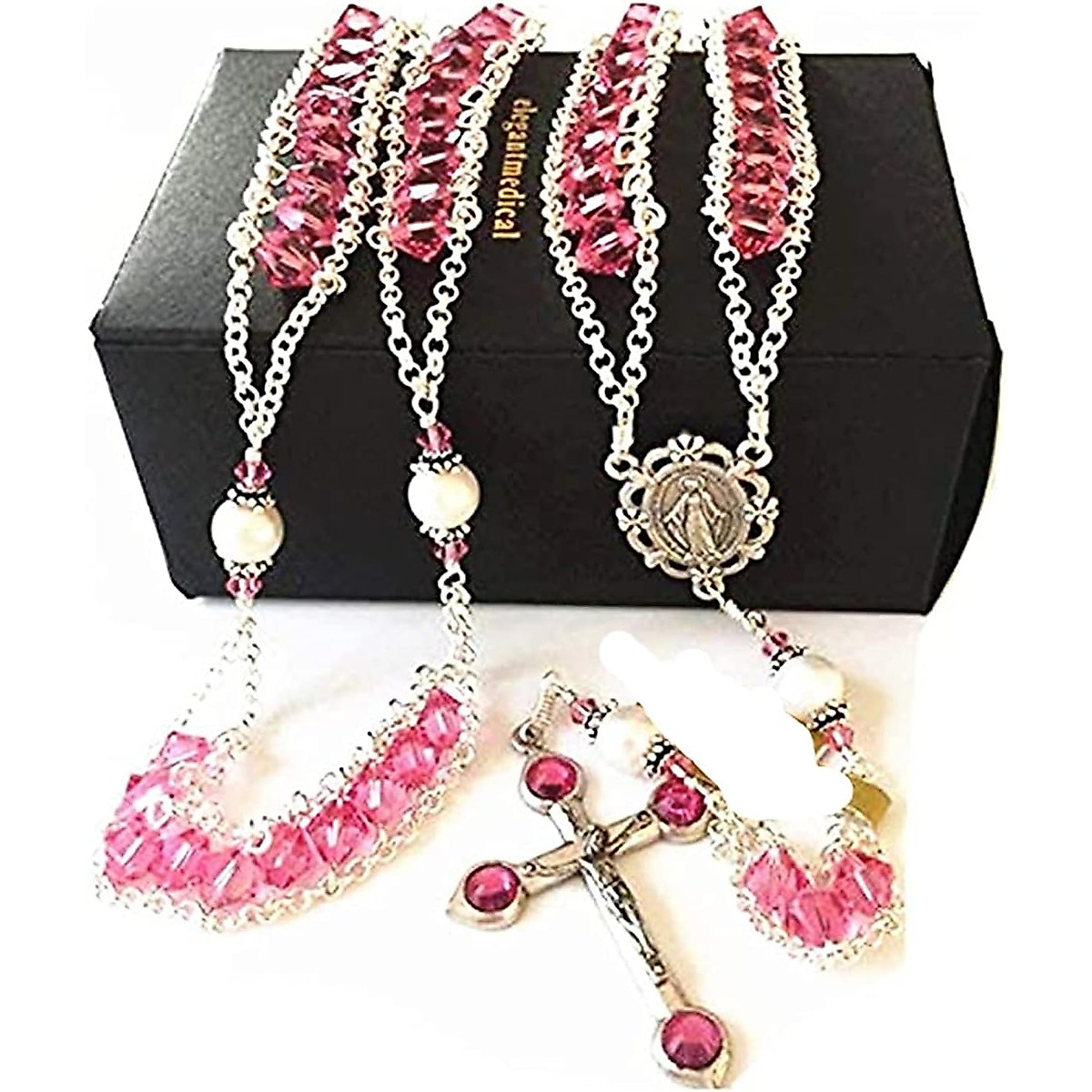 elegantmedical Ladder to Heaven Rose Pink Crystal & AAA10MM Real Pearl BEADS CATHOLIC ROSARY CROSS NECKLACE Sterling Silver beads caps