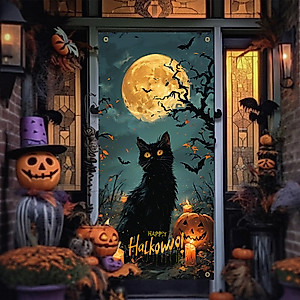 Halloween Door Cover Halloween Birthday Party Door Decorations Door scary window Banner 35.4 X 70.8 Inches Cat Theme Door Cover Halloween Birthday Decorations Sign Front Door for Halloween Party outdoor Supplies Decor (cat)