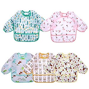 Accmor 5 Pack Long Sleeve Baby Bibs, Waterproof Sleeved Bib, Toddler Soft Bib for 6-24 Months