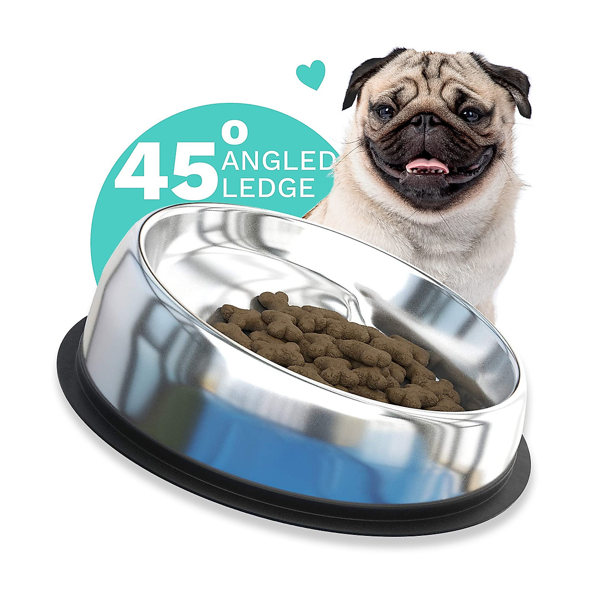 Enhanced Pet Bowl, Stainless Steel Slanted Dog Bowl with Raised Ridge for Flat-Faced Dog Breeds or Cats, Food-Grade Non-Slip No Spill Bowl for Dogs, Less Mess, Less Gas, and Better Digestion, Medium