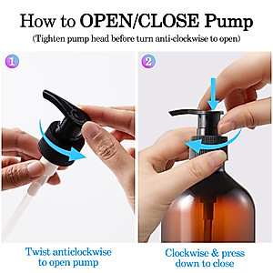 6 Pack Plastic Pump Bottles Dispenser, 16oz/500ml Empty Cylinder Shampoo Soap Dispenser, Refillable Containers with Extra Sprayer Pump Labels for Body Wash, Lotion, Gel(Amber)