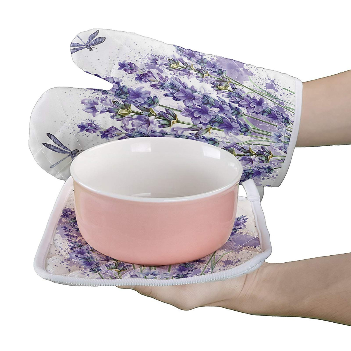 Kitchen Oven Gloves Lavender Flower Oven Mitts Pot Holder Set Purple Floral Dragonfly Hot Pad Sets for Kitchen BBQ Cooking Baking Grilling Heat Resistance