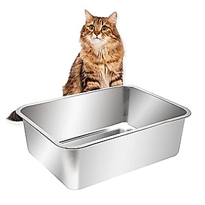 Kichwit Extra Large Stainless Steel Open Cat Litter Box with High Sides, Metal Litter Pan for Cat, 23.6 x 15.7 x 5.9 inches