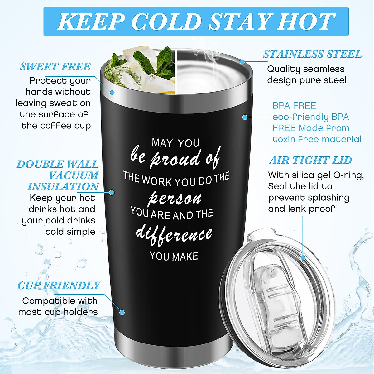 Rtteri 4 Sets Employee Appreciation Gifts for Coworkers Thank You Gifts for Men Includes 4 May You Be Proud Stainless Steel Black Tumbler and 4 Work Keychain Inspirational Wine Glasses for Male Men