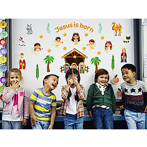 WaaHome Jesus is Born Christian Bulletin Board Decorations Set 38pcs Religious Nativity Scene Cutouts Birth of Jesus Bulletin Board Borders for Kids Christmas Sunday School Classroom Decorations