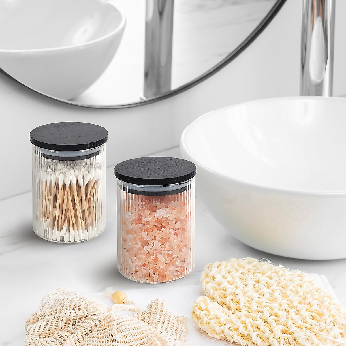 Ribbed Glass Qtip Holder Dispenser Bathroom Jars with Bamboo Lids, Cotton Ball Pad Round Swab Holder for Bathroom Accessories Storage Organizer,Farmhouse Bathroom Decor, Home Decor. (2pcs)