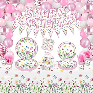 225 Pack Spring Wildflower Party Decorations Floral Tableware Plates Balloons Decorations Wildflower Dinnerware Party Favor for Birthday Baby Shower Bridal Shower Garden Tea Party Serves 20