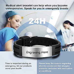 OPALSTOCK Personalized Bracelet Silicone Medical Bracelets Adjustable Sport Emergency ID Bracelets Engraving 9 Inches Waterproof ID Alert Bracelets for Men Women (black3)