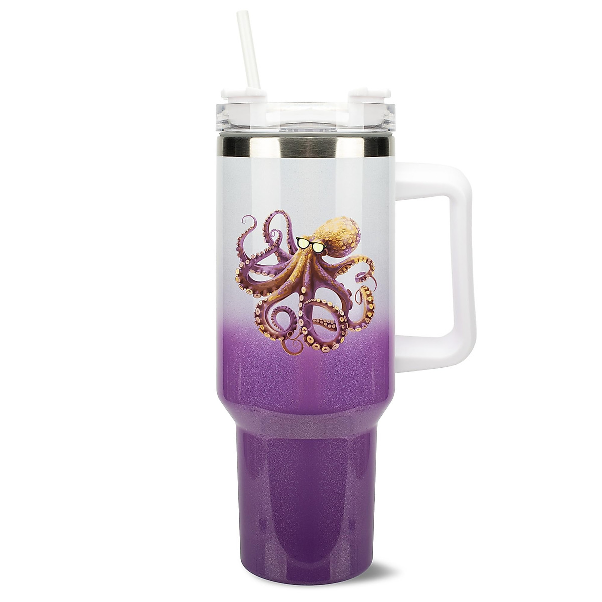 Elanze Designs Octopus Ocean Creature Sunglasses 40 oz. Stainless Steel, Large Water Bottle Coffee Mug, Spill & Leak Resistant, Thermal Travel Tumbler with Handle, Lid & Straw, White & Purple
