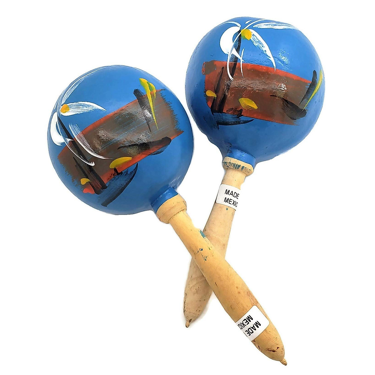8" Hand Made Genuine Mexican Real Wooden Maracas (Pack of 2) (Blue)