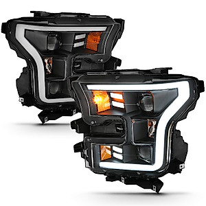 AmeriLite LED Tube Parking Light Bar Dual Quad Halogen Projector Replacement Headlights Set For 2015-2017 Ford F150 Pickup - Driver and Passenger Side, Vehicle Light Assembly, Black Multi