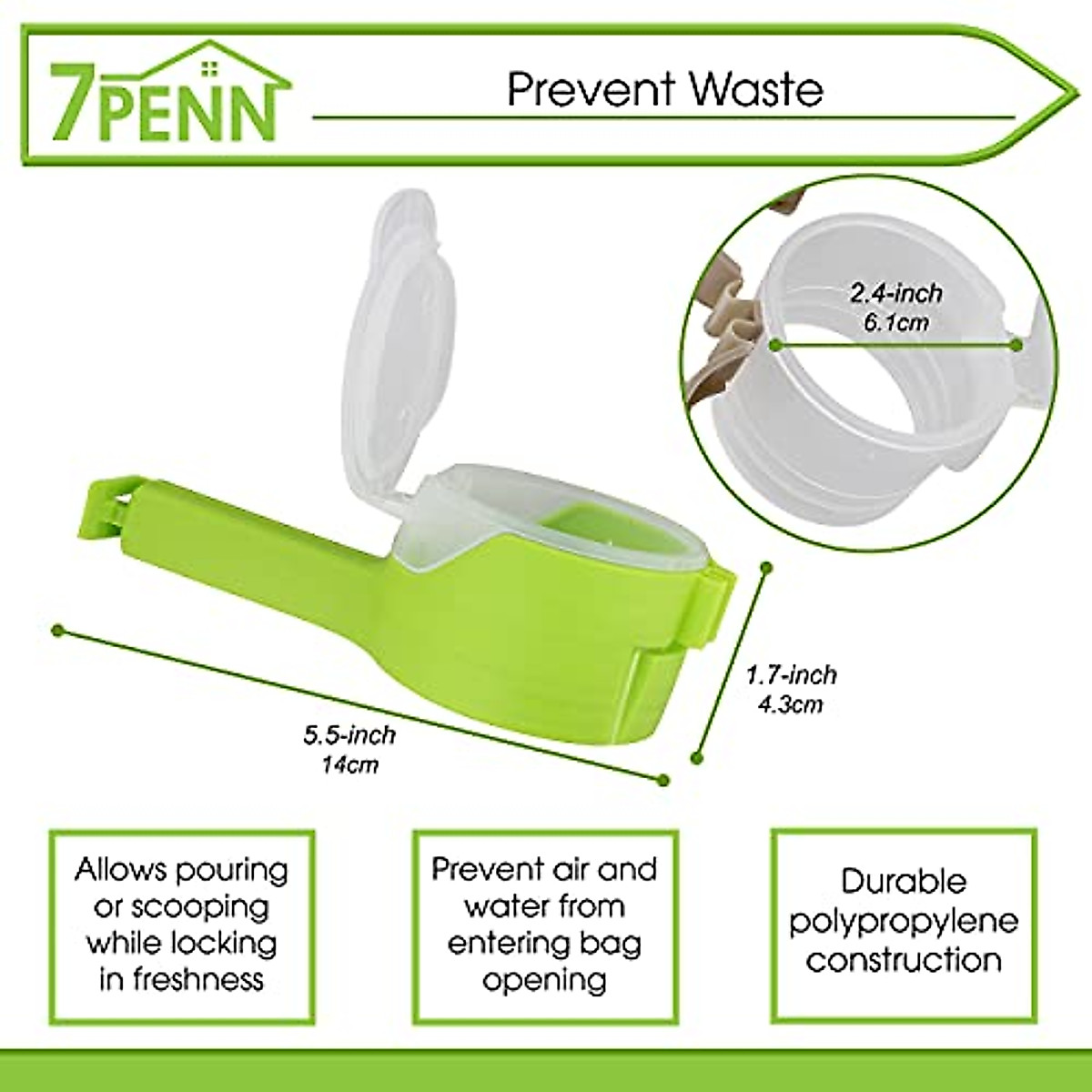 7Penn Bag Clips for Food Set - 4pk Food Clips to Seal Pour Food Storage Bag Clip with Spout for Cereal, Snacks, and More