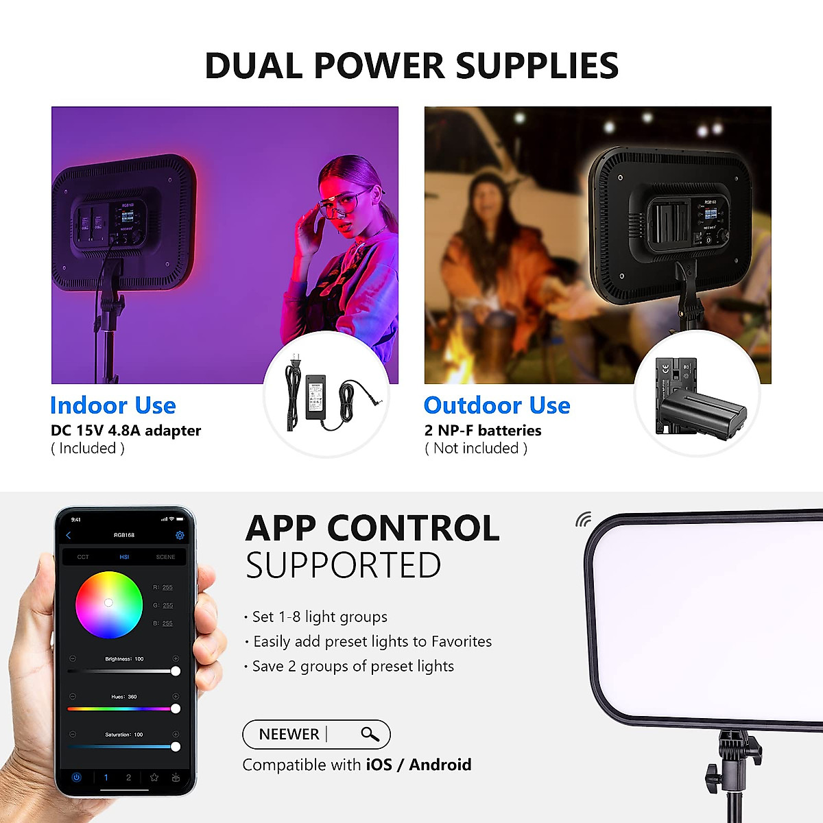 NEEWER 18.3" RGB LED Video Panel Light with App Control, 2 Pack Stand Kit, 360° Full Color/2500K~8500K/CRI97+/17 Scene Effects, 60W RGB168 Studio Lights for YouTube/Game Live Streaming/Photography