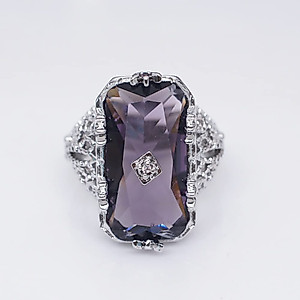 Luxury Fashion Rectangular Natural Amethyst Princess Ring in 925 Silver Openwork Square Perfect Cut Purple Gemstone Cubic Zirconia Ring CZ Eternity Engagement Wedding Ring Women's Sizes 6-10 582 (8)