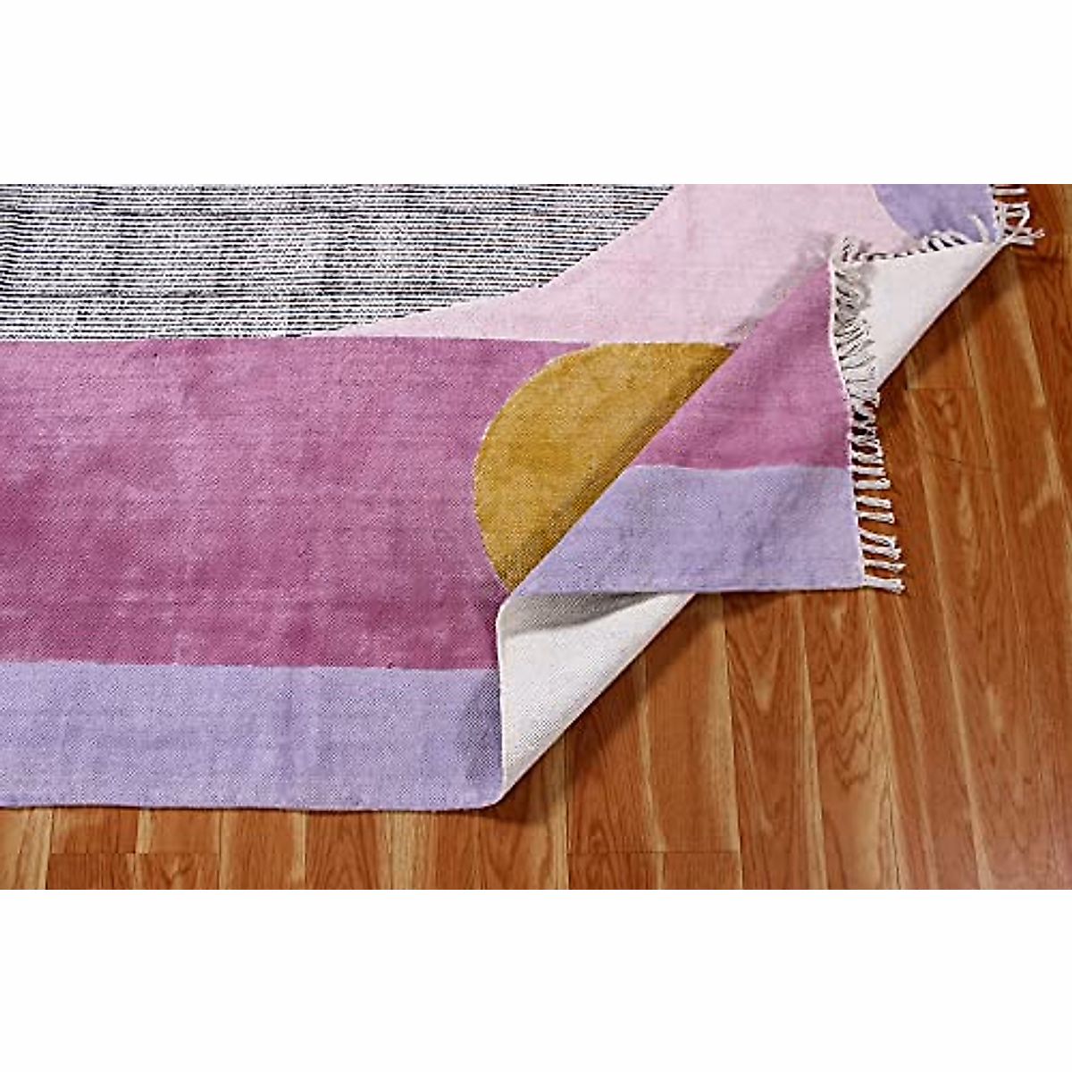 Casavani Hand Block Printed Rug Geometric Blue & Pink Tassel Rug Boho Area Rug Easy Care Washable Rugs for Doormat Entryway Living Room Bedroom Hallway Balcony 10x10 Feet Square