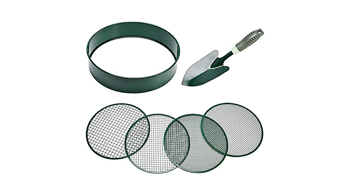Garden Soil Sieve Kit: 12" Riddle with 4 Mesh Sizes + Shovel