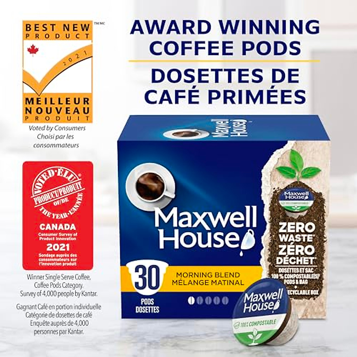 Maxwell House Morning Blend Coffee 100% Compostable Pods, 30 Pods, (Imported from Canada)