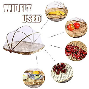 Food Bamboo Food Serving Tent Basket Hand-Woven Basket Serving Dustproof Picnic Basket Vegetable Fruits Bread Food Home Square Food Storage Basket with Mesh Gauze Cover Container