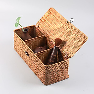 Seagrass Tank Basket with Lid Woven Toilet Roll Storage Basket with Sections Rectangular for Organize Snack Toys (Large Compartment 16.5inch L x 5.5inch W x 5.5inch H)