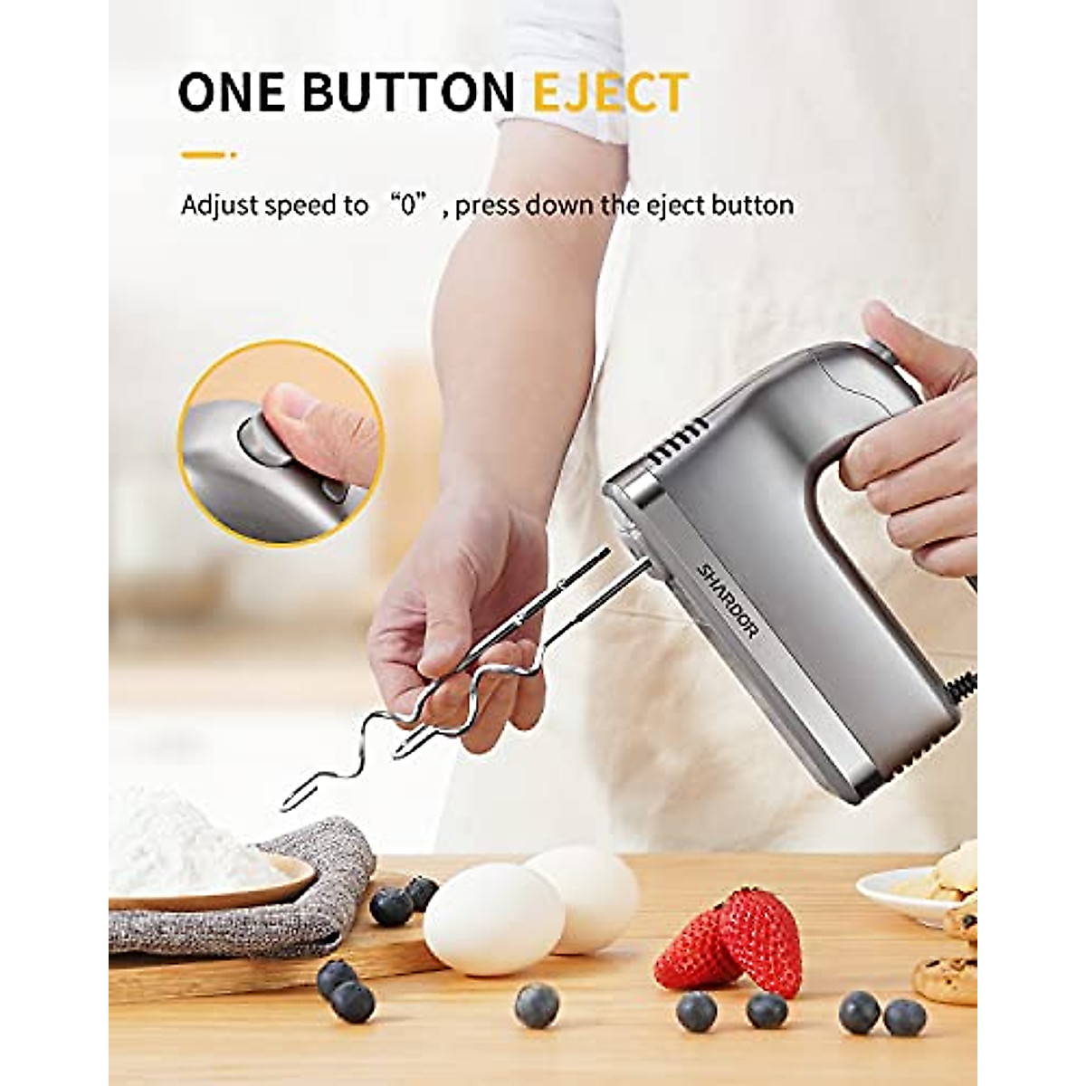 SHARDOR Hand Mixer, 350W Handheld Mixer with Storage Case 5-Speed Plus Turbo Hand Mixer Electric With 5 Stainless Steel Attachments(2 Beaters, 2 Dough Hooks and 1 Whisk), Silver