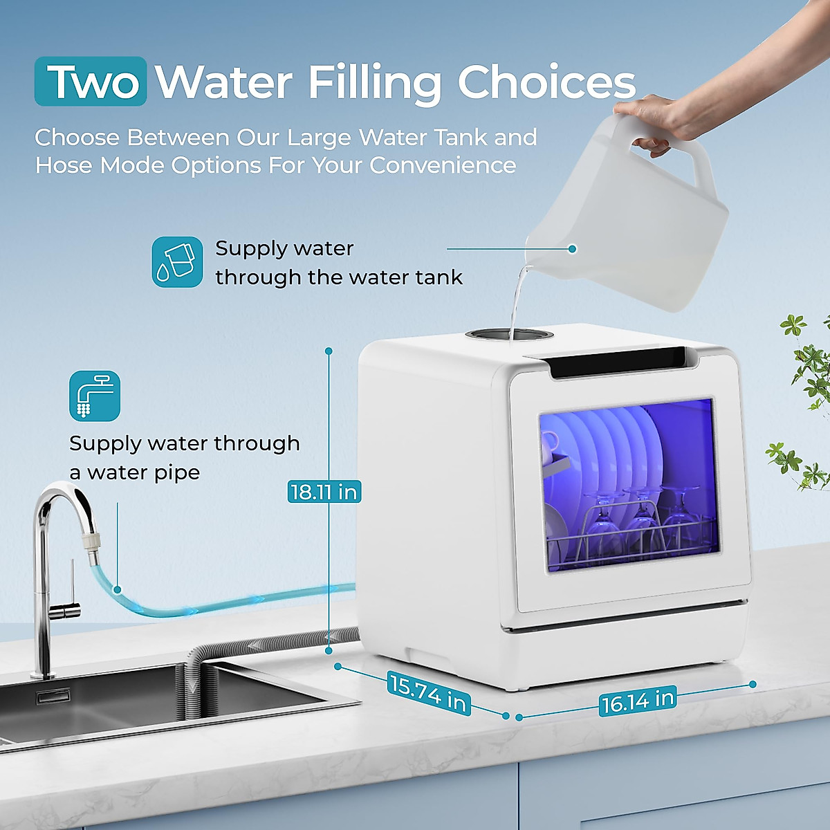 EUHOMY Portable Dishwasher Countertop, 8 Programs Dishwasher with 5L Built-in Water Tank and Drain Hose, Countertop Dishwasher No Hookup with 8 Modes with Self Clean & Baby Care, Dish Washer for RVs